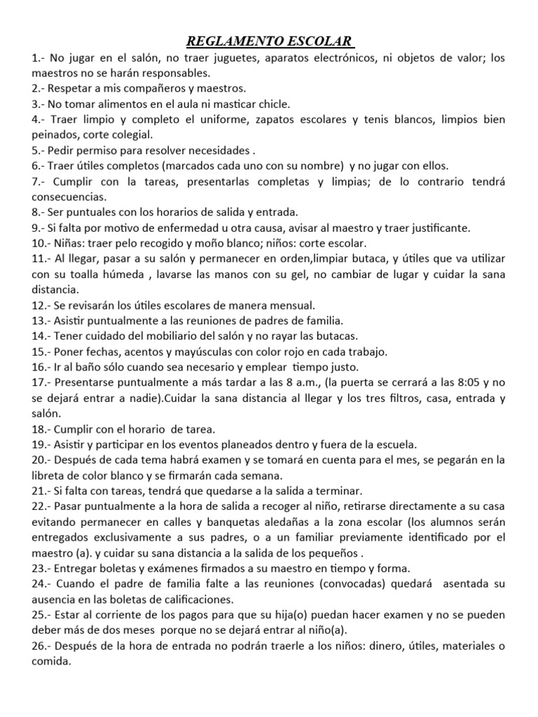 Reglamento Escolar | PDF
