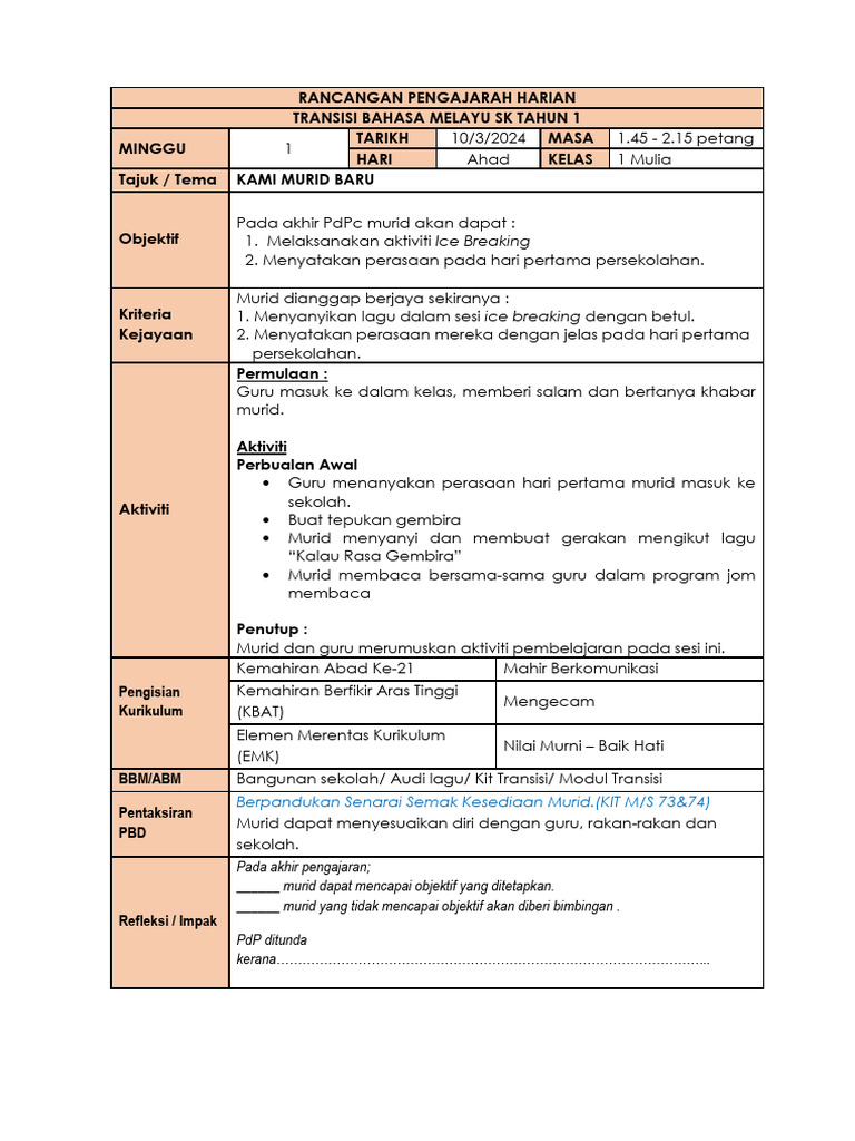 Contoh RPH M1 Transisi | PDF