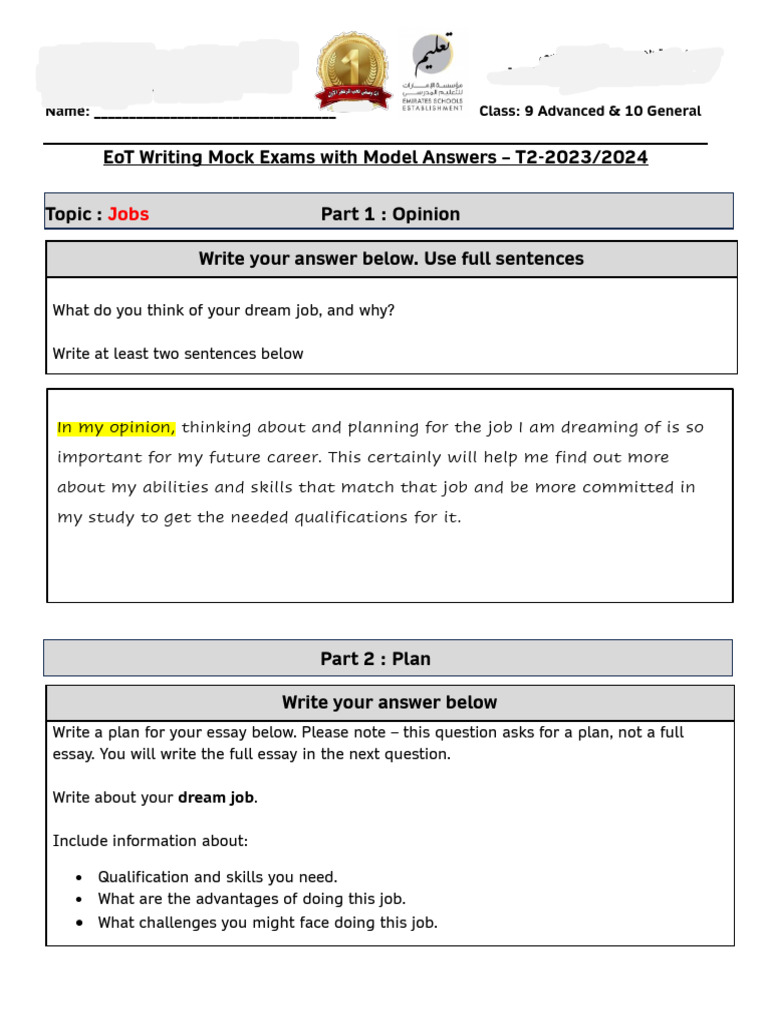 Writing Mock Exams With Model Answers T2 9 Adv & 10 General Ali | PDF ...