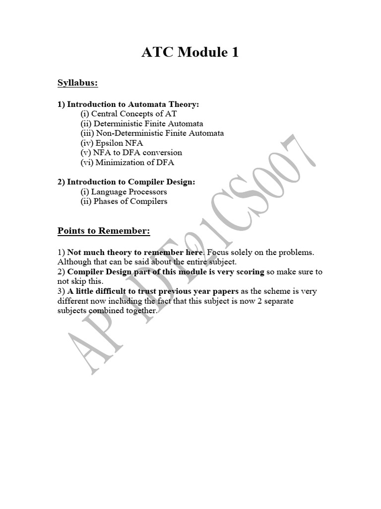 VTU 21CS51 ATC Module 1 Automata Part | PDF | Theory Of Computation | Theoretical Computer Science