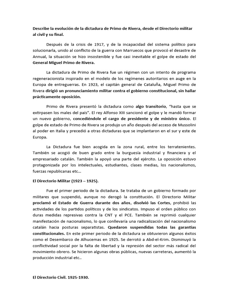 Describe La Evolución de La Dictadura de Primo de Rivera. Segundo Documento. | PDF | España ...