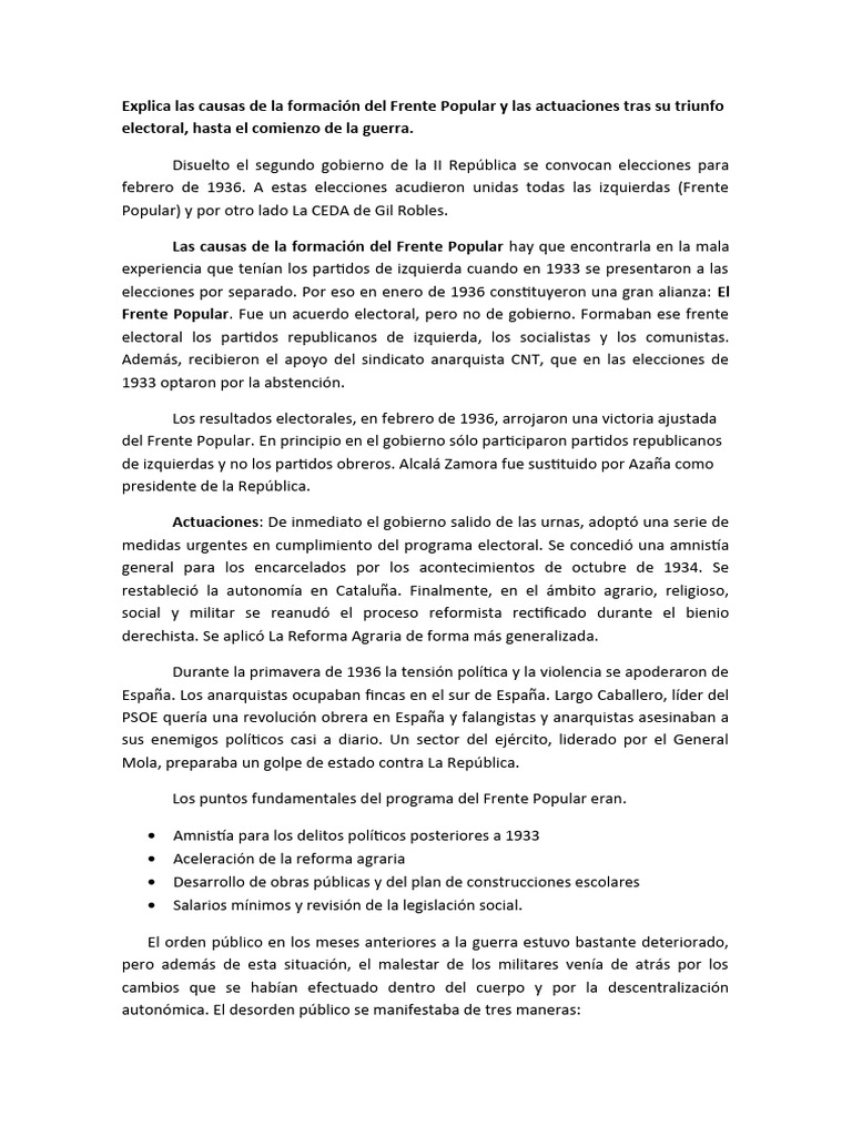 Explica Las Causas de La Formación Del Frente Popular y Las Actuaciones ...