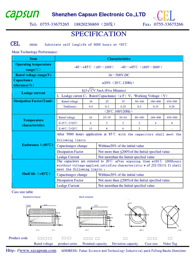 Capsun (Snap-In) CEL Series | PDF | Capacitance | Electrical Components