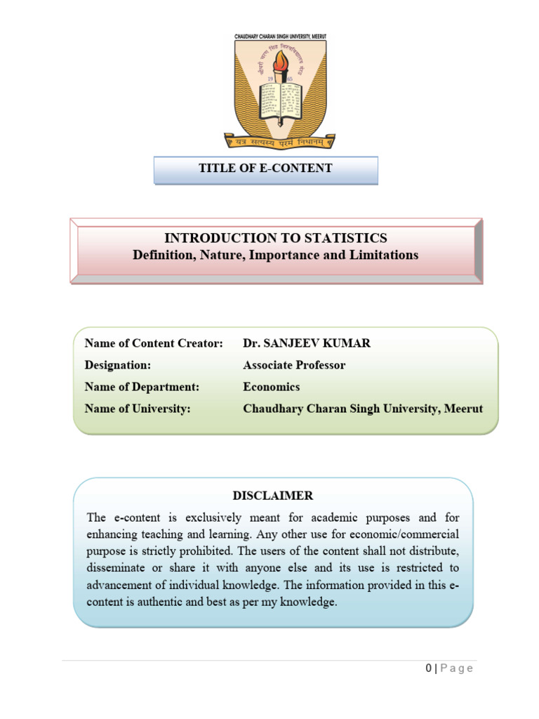 E - Content - INTRODUCTION TO STATISTICS | PDF | Statistics | Nonparametric Statistics
