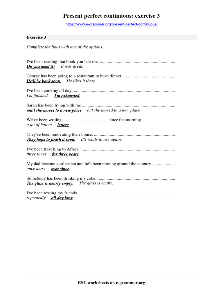 Present Perfect Continuous Exercise 3 | PDF