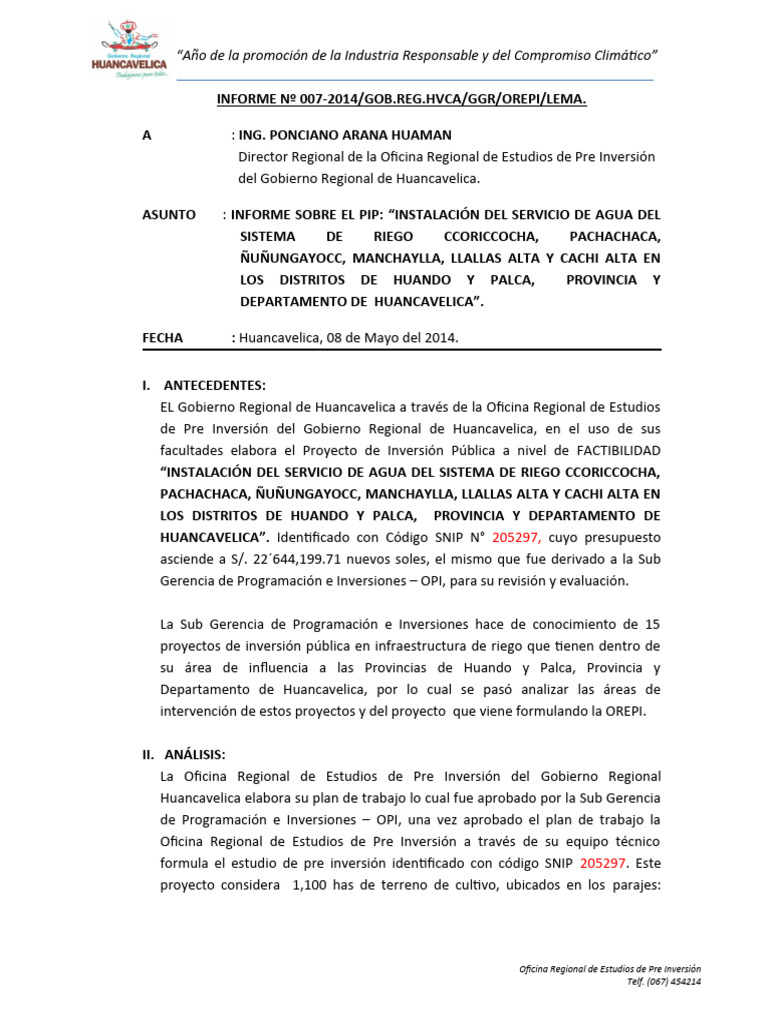 INFORME Sustento CCORICCOCHA | PDF | Riego | Administracion del Agua