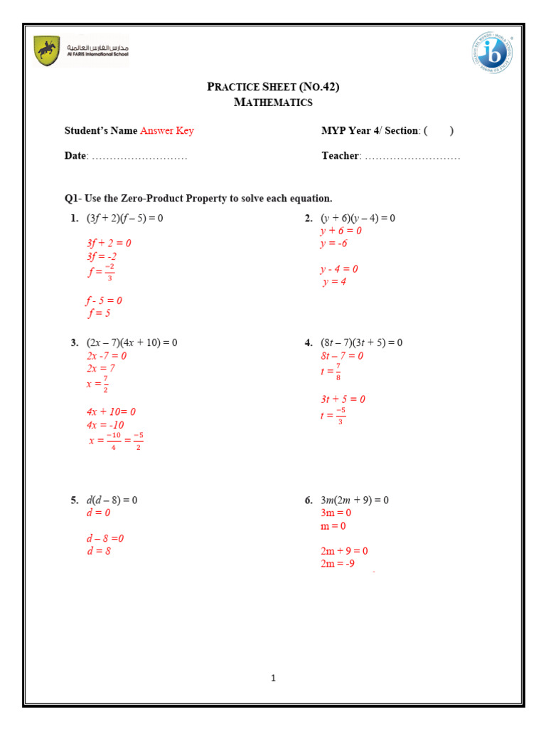 Answer Key of Grade 9 Mathematics Final Term Three Practice Sheets ...