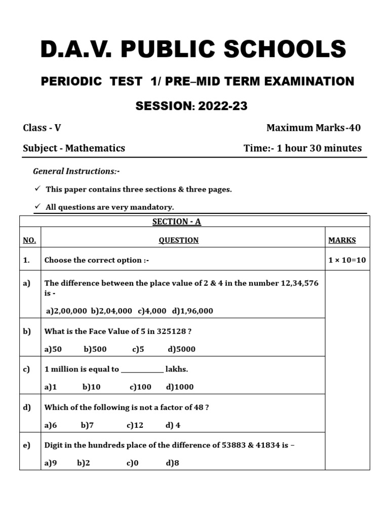 DAV Math Class 5 pre mid term 2022-23 | PDF | Numbers | Arithmetic DAV Math Class 5 pre mid term 2022-23 | PDF | Numbers | Arithmetic