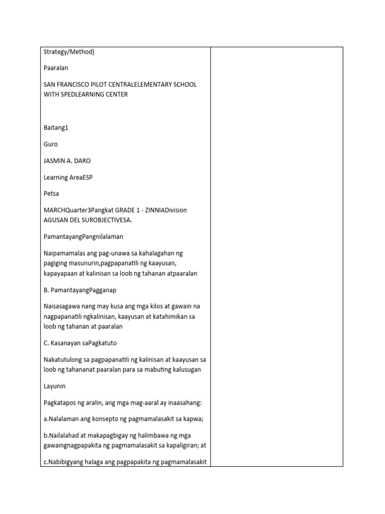 Detaild Lesson Plan in ESP Subject For Grade 1 | PDF