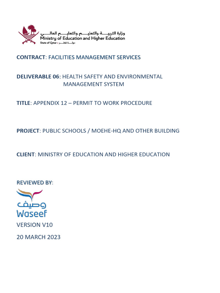 Appendix 12 - Permit To Work Procedure V10 | PDF | Risk Assessment ...