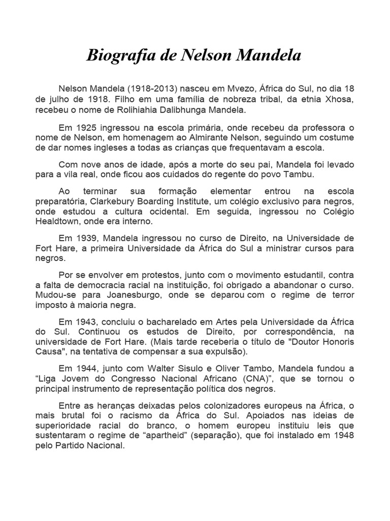Biografia de Nelson Mandela | PDF | Nelson Mandela | Apartheid