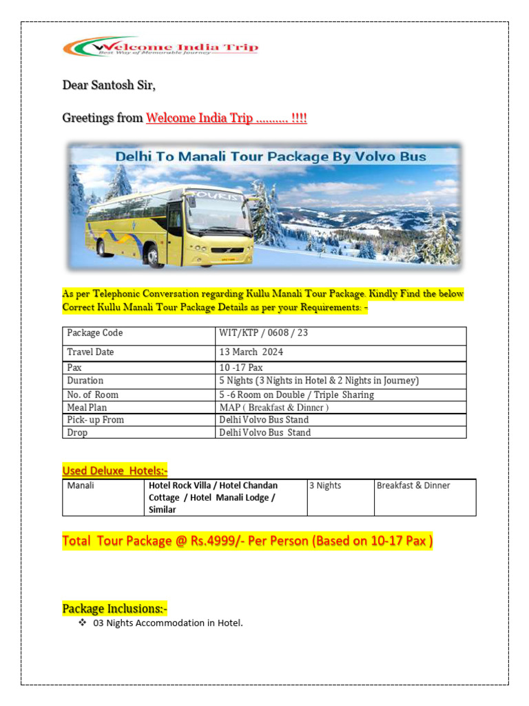 Manali Volvo Bus Tour Package - Santosh Sir | PDF | Cheque
