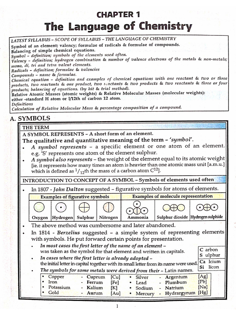 Std. 9 Chapter 1 The Language of Chemistry | PDF