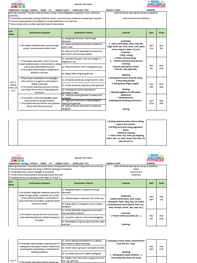 Monthly Planing Period 4th Grade April-May | PDF | Verb | Vocabulary