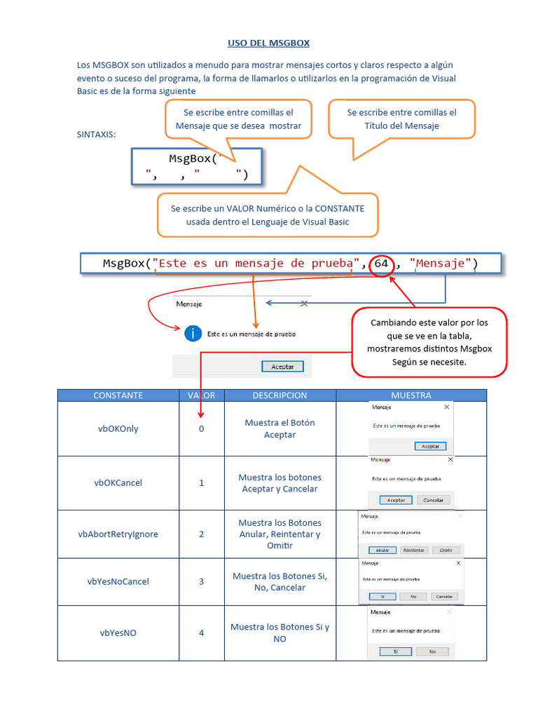 Guía de MsgBox en Visual Basic | PDF | Básico | Software