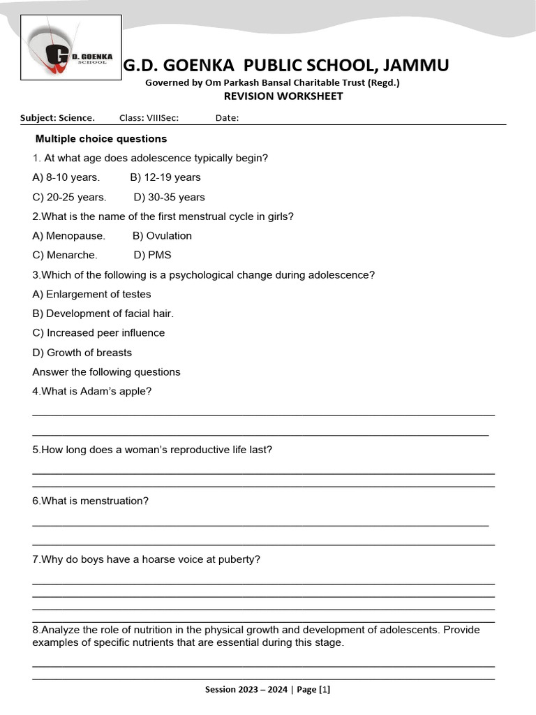 Revision Worksheet of Reaching The Age of Adolescence | PDF ...