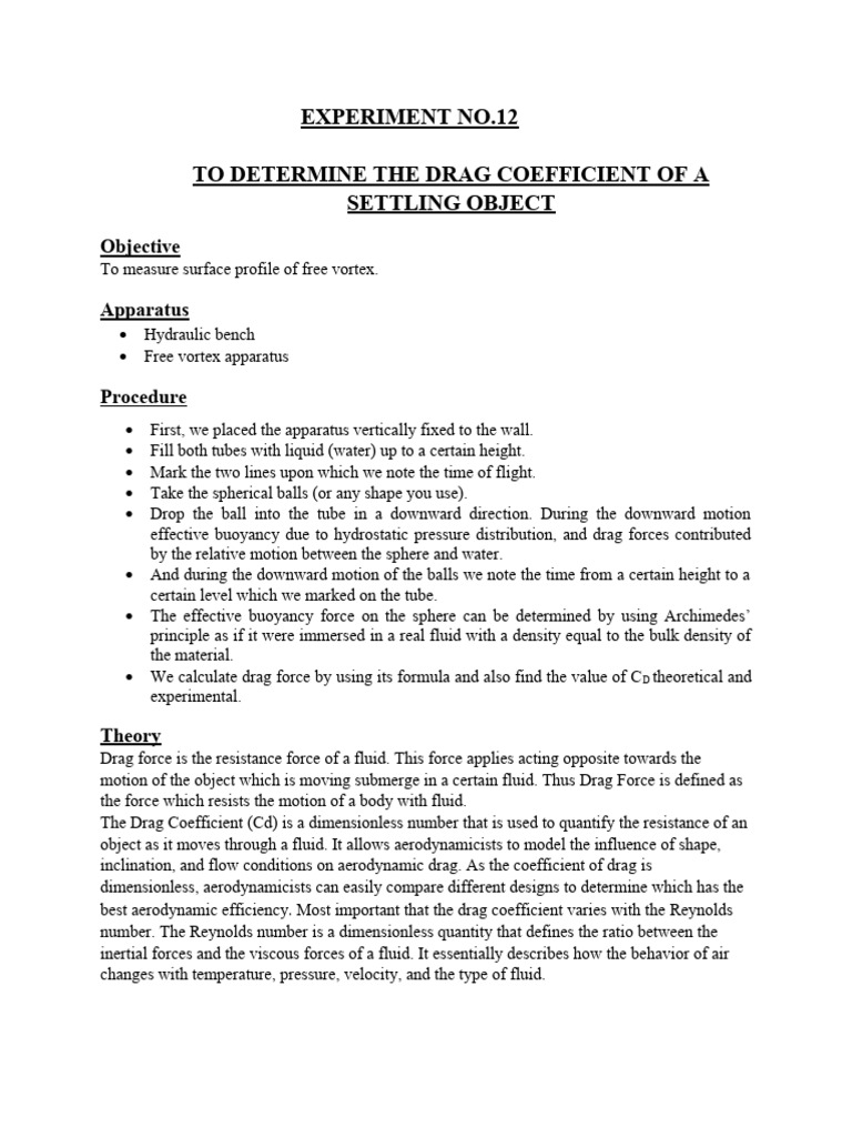 Drag Coefficient Measurement Experiment | PDF | Drag (Physics) | Force