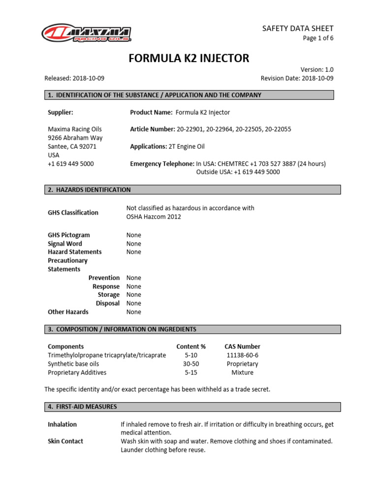 Formula K2 Injector SDS | PDF | Volatile Organic Compound | Firefighting
