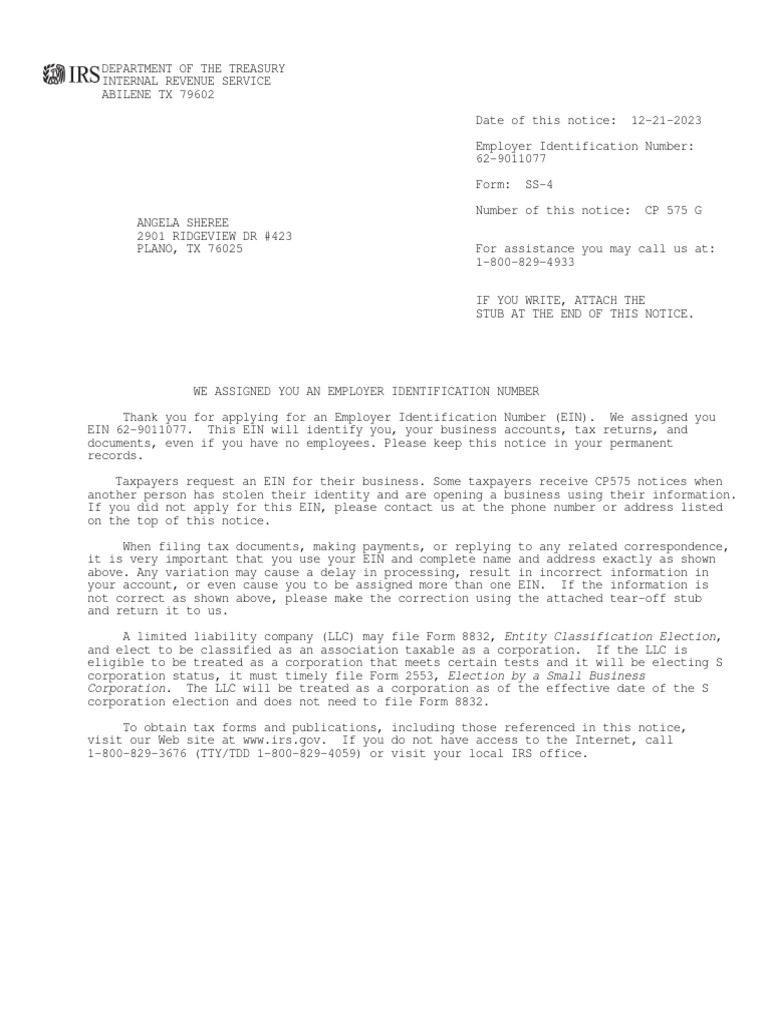 IRS CP 575 G: EIN Assignment Notice | PDF | Irs Tax Forms | Economy Of ...