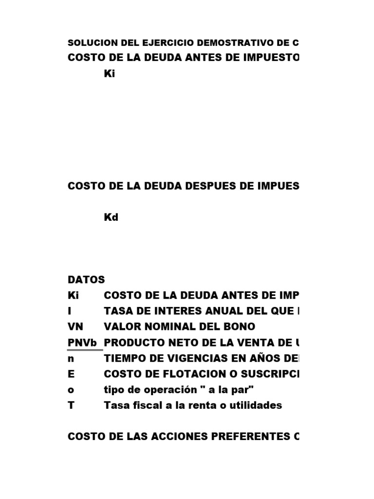 Solucion Del Ejercicio Demostrativo de Costo de Capital y Presupuesto ... Solucion Del Ejercicio Demostrativo de Costo de Capital y Presupuesto ...