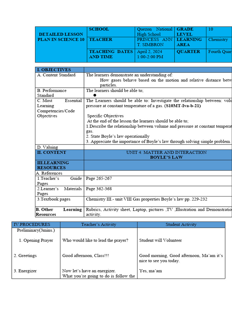 Detailed Lesson Plan in Science 10. Boyle's Law | PDF | Gases | Exhalation