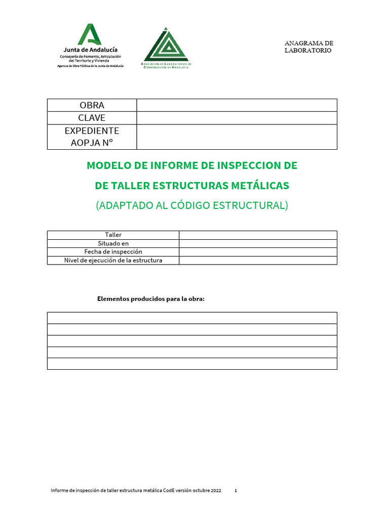 Octubre 2022 Modelo - Informe - Inspeccion - Taller - Estructuras - Metalicas | PDF | Tornillo ...