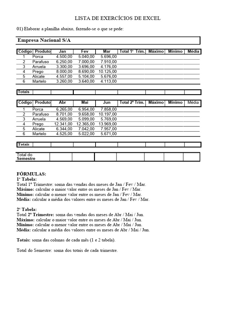 Exercícios Práticos de Excel | PDF