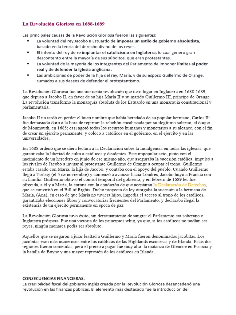 Revolución Gloriosa: Causas y Consecuencias | PDF | Ciencias Políticas