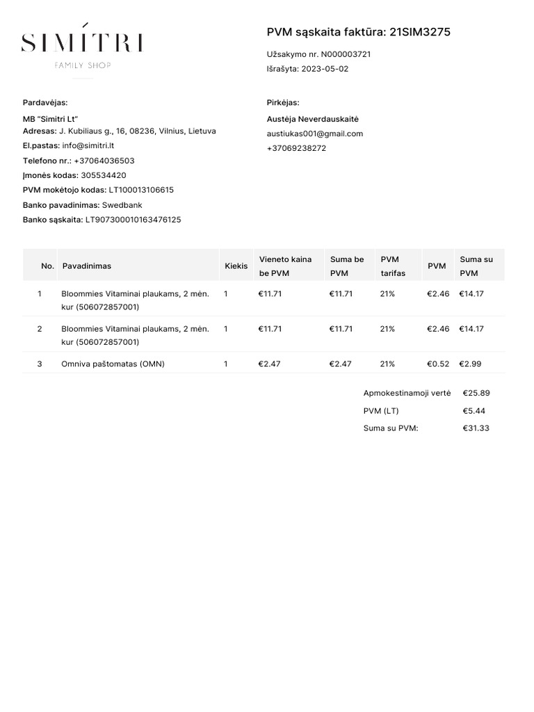 PVM Sąskaita Faktūra: 21SIM3275 | PDF