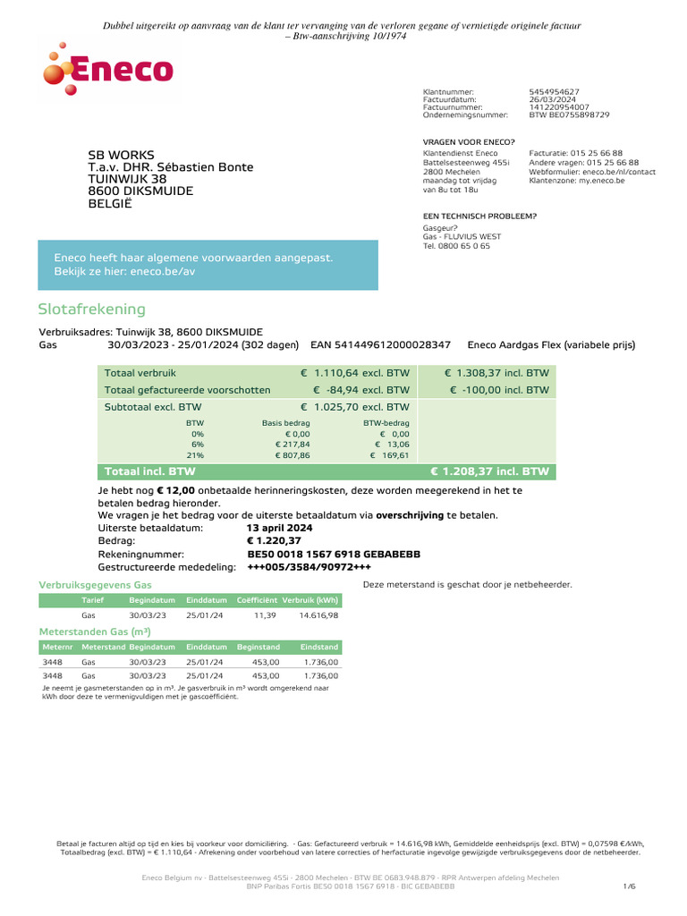 Slotafrekening: SB Works T.A.V. DHR. Sébastien Bonte Tuinwijk 38 8600 ...