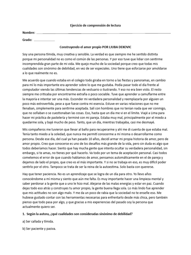 Ejercicio de Comprensión de Lectura 2 | PDF | Autoestima | Amor