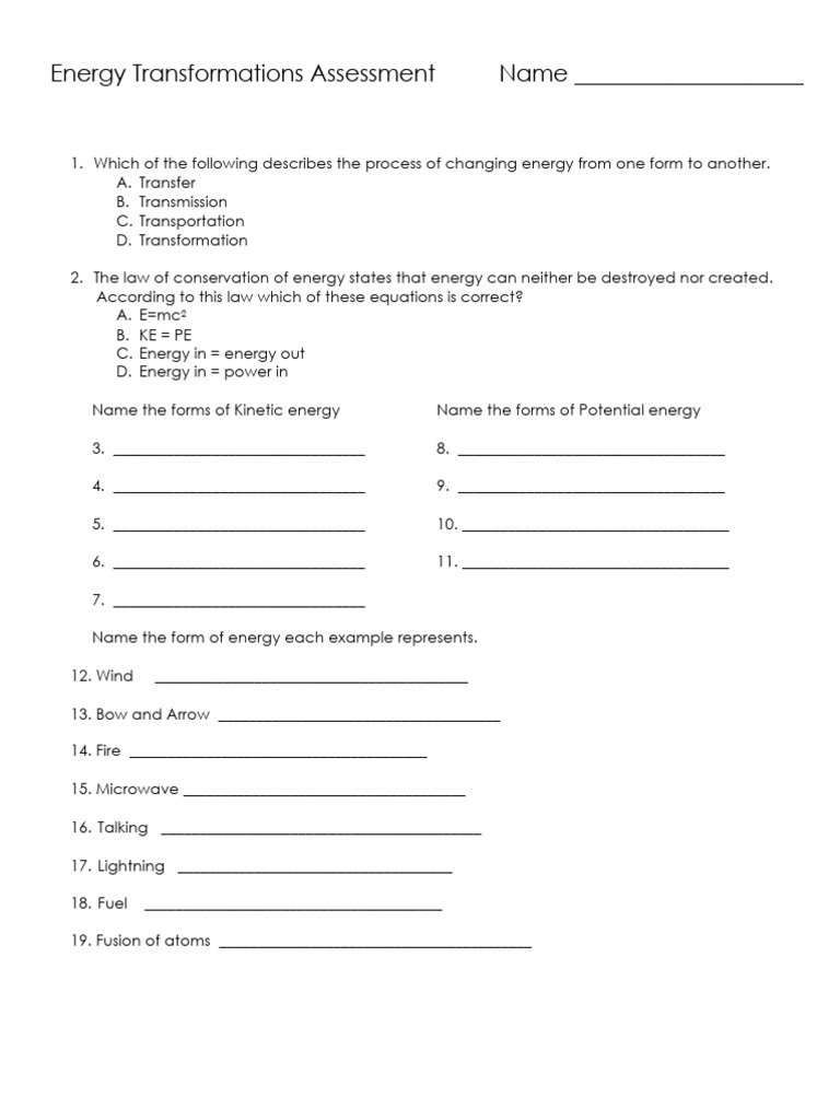 Energy Transformations Worksheet | PDF | Metrology | Quantity