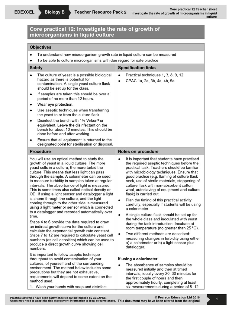 AS and A Level Biology B Core Practical 12 Bacterial Growth (Student ...