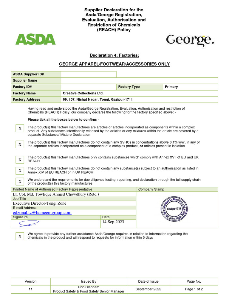 Asda - George - Declaration of Conformity For REACH - v11 - Declaration ...