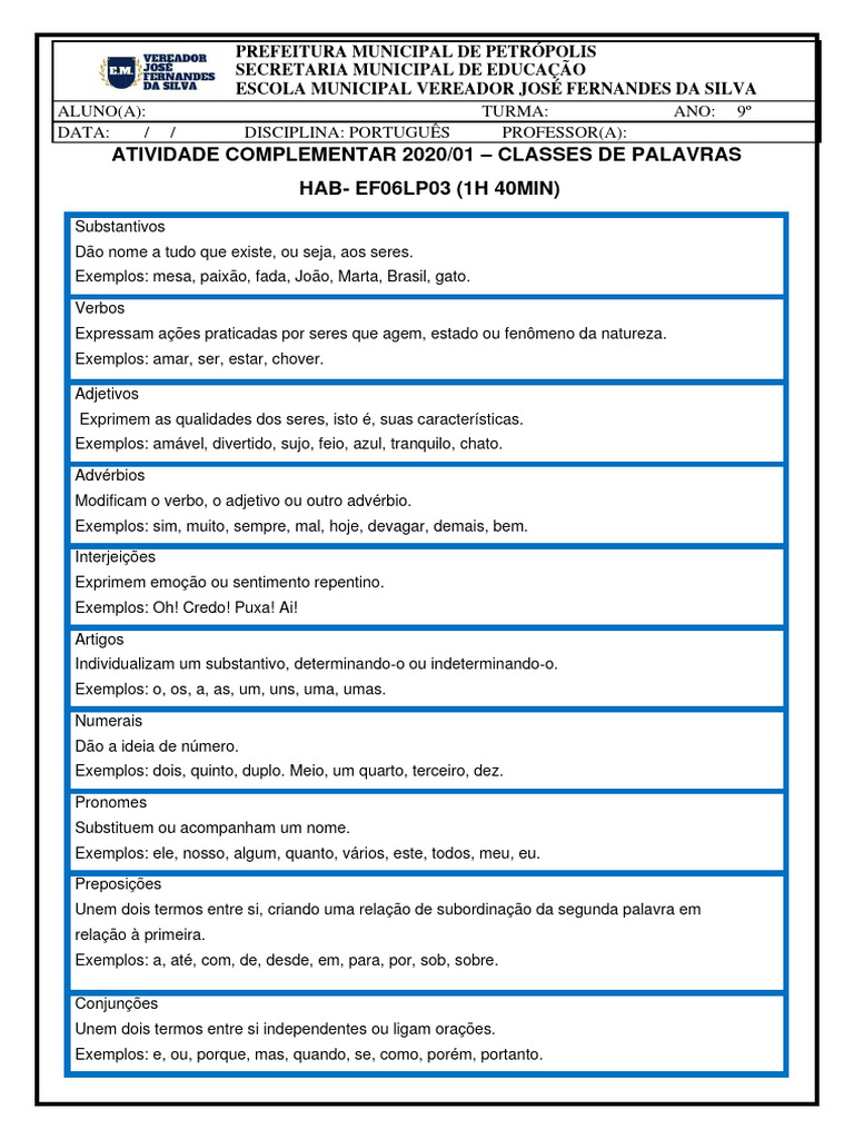 Atividade Complementar 2020 01 9 Ano PDF | PDF | Classe gramatical | Pronome