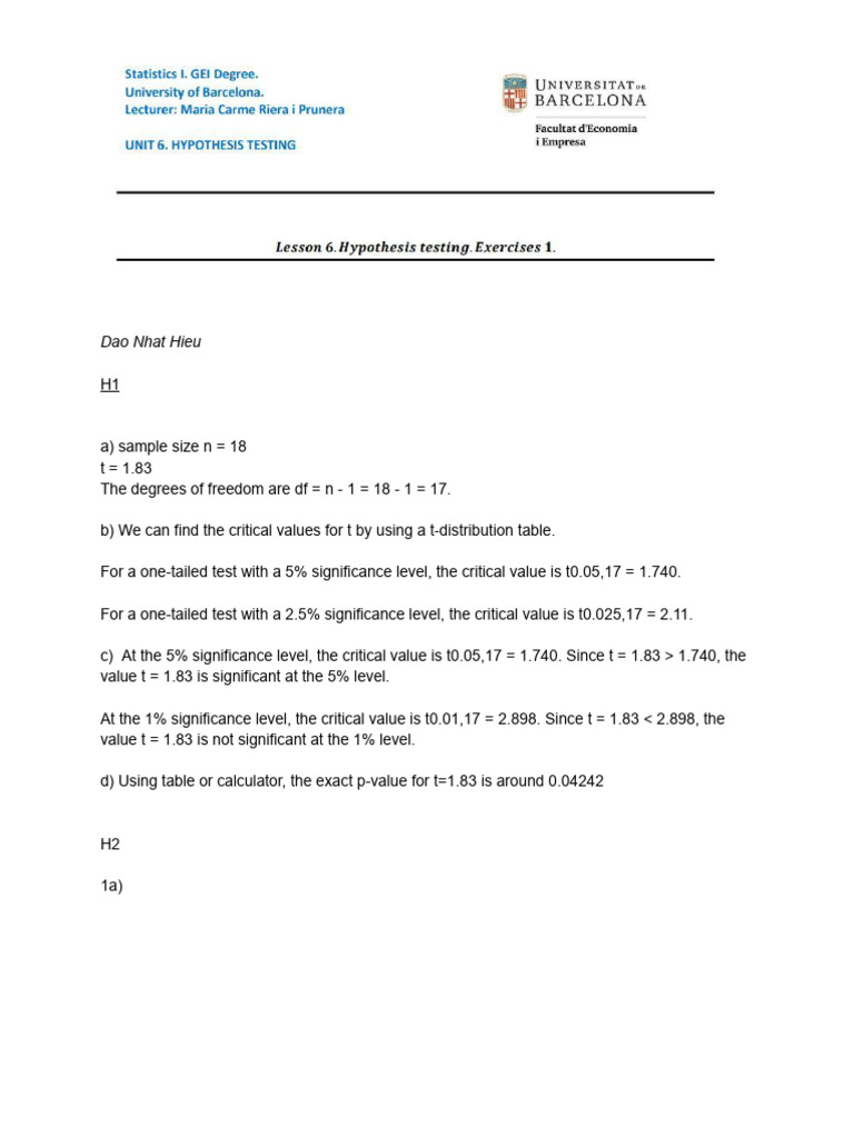 Unit 6 Hypothesis Testing Ex 1 | PDF | Type I And Type Ii Errors ...