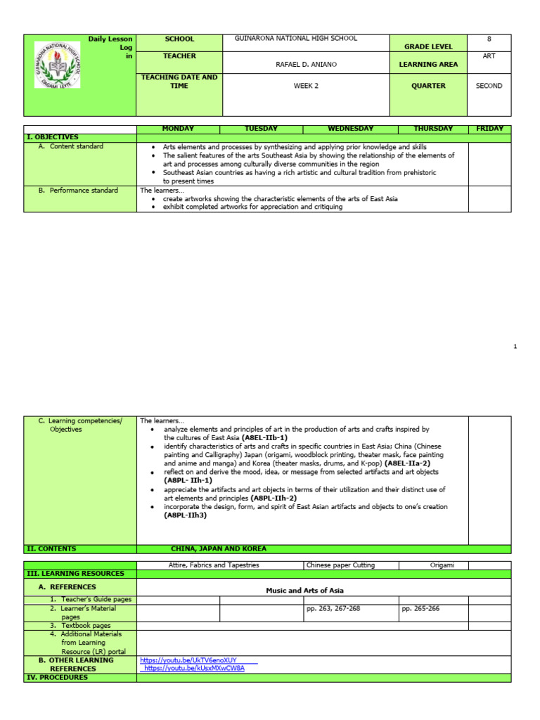 q2 Grade 8 Arts DLL Week 2 | PDF | Origami | Textiles