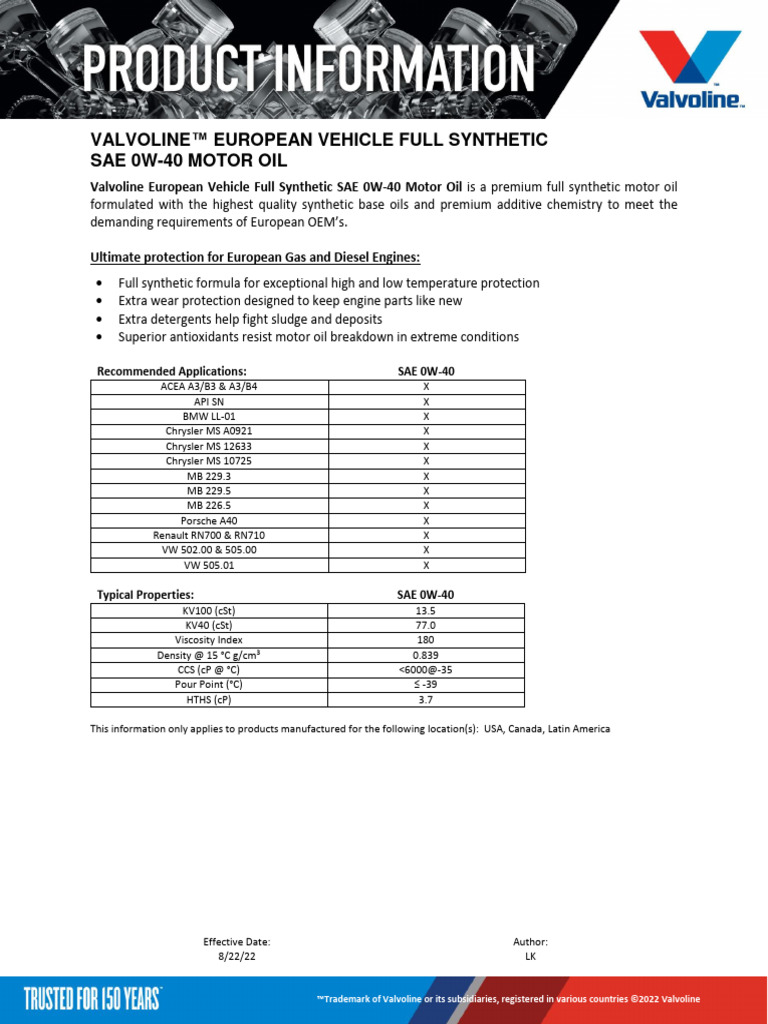US Val EuroVehicle 0W40 MO EN | PDF | Motor Oil | Oils