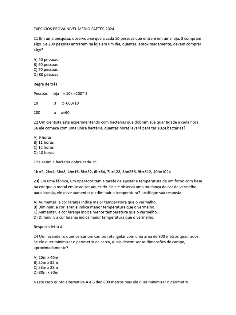 Execicios Prova Nivel Medio Faetec 2024 | PDF | Algoritmos | Matemática