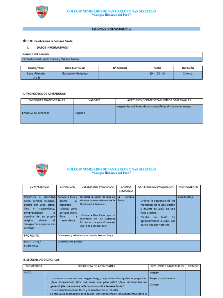 SESI - 01 - ER - La Semana Santa | PDF | Evaluación | Aprendizaje