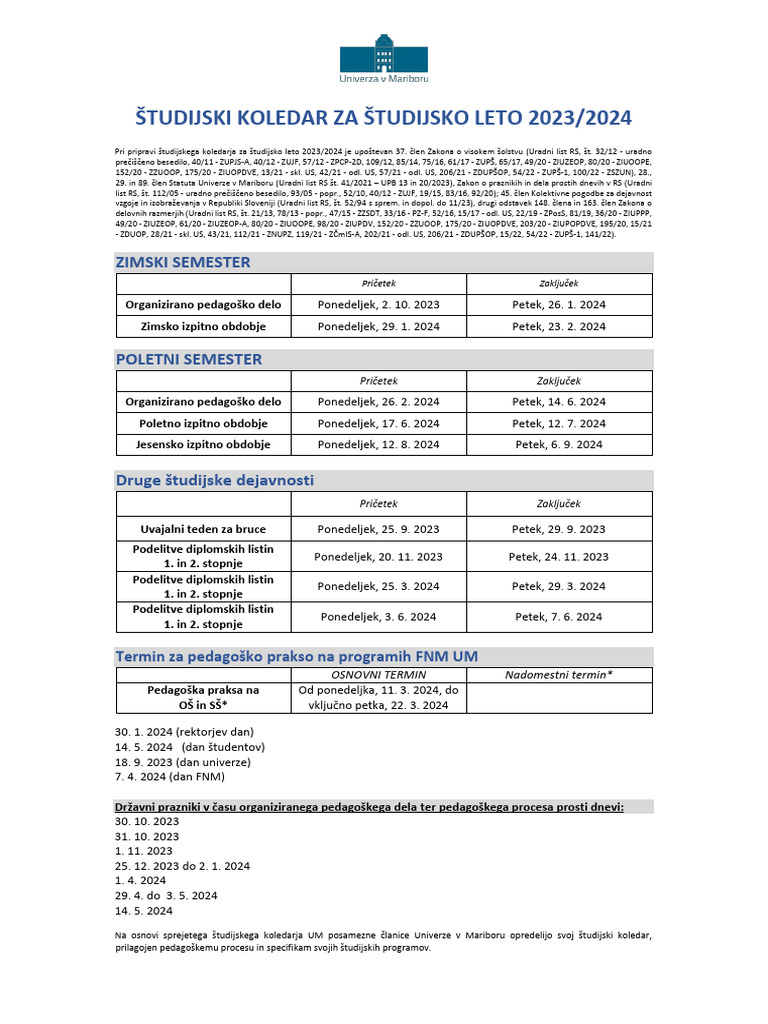 Studijski koledar za studijsko leto 202јиуу3 2024 PDF | PDF