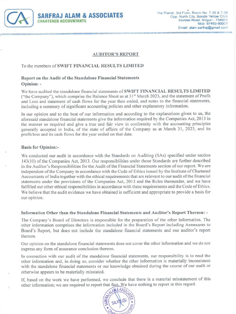 Audit Report Swift Financial Result Limited 2023 | Download Free PDF ...