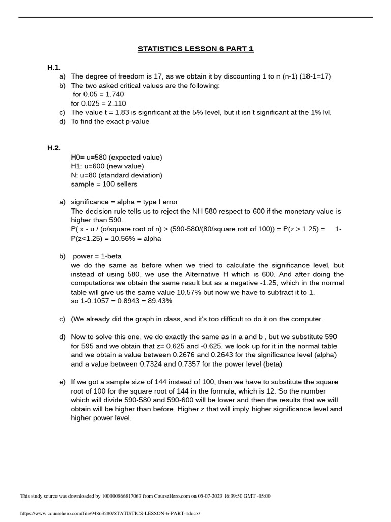 Statistics Lesson 6 Part 1 | PDF | Type I And Type Ii Errors ...