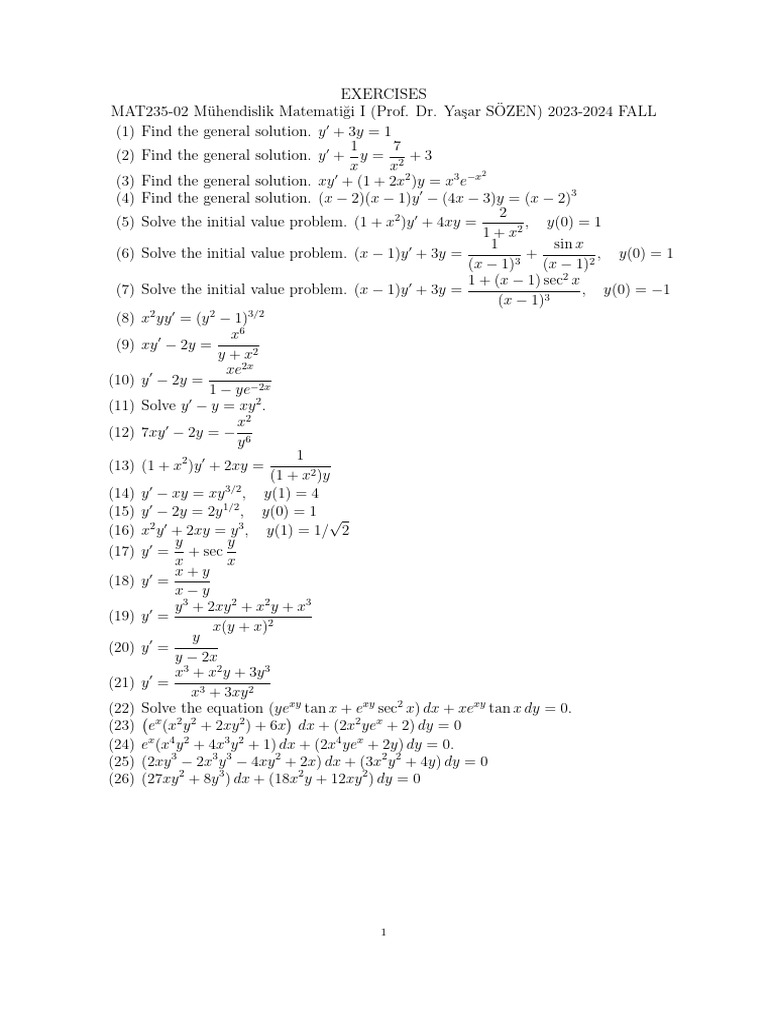 MAT235-2 Exercises On Linear Exact Non Exact Integrating Factor ... MAT235-2 Exercises On Linear Exact Non Exact Integrating Factor ...