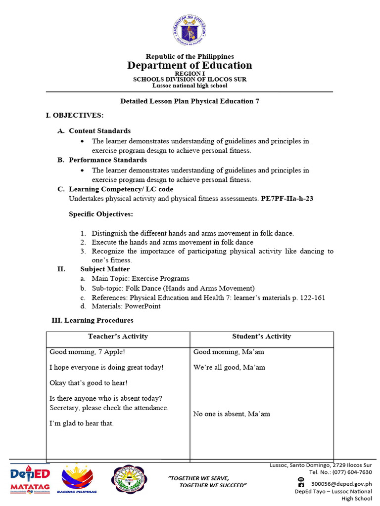Detailed PE Lesson Plan: Folk Dance 7 | PDF | Lesson Plan | Physical ...