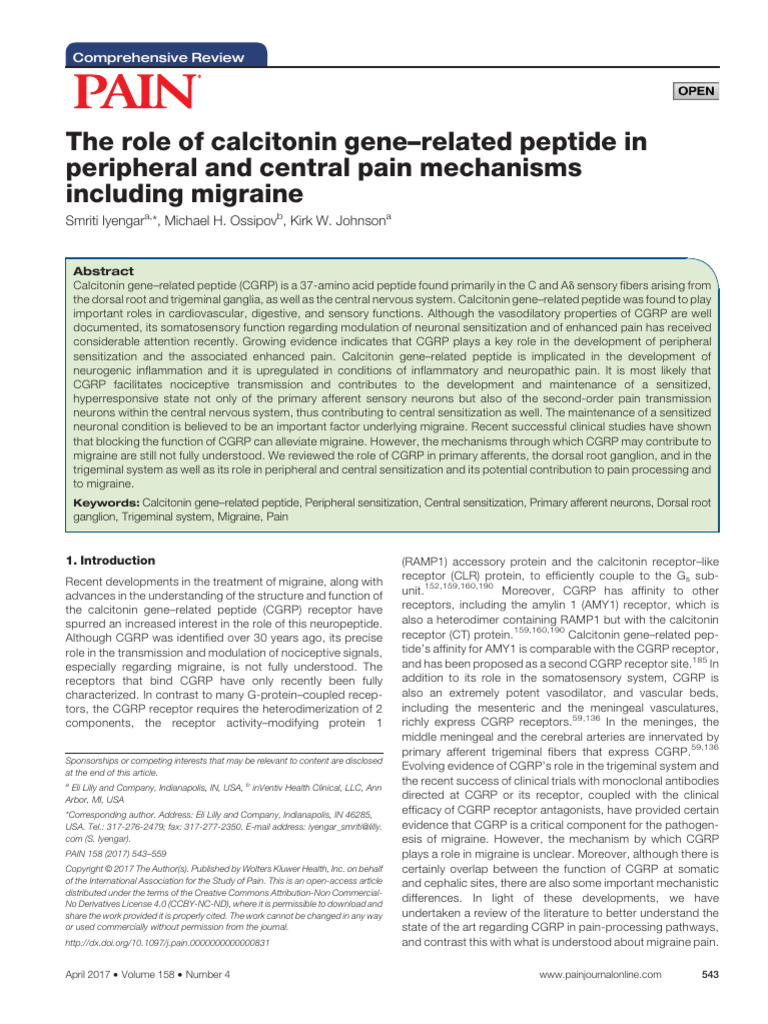 The Role of Calcitonin Gene-Related Peptide in Peripheral and Central ...