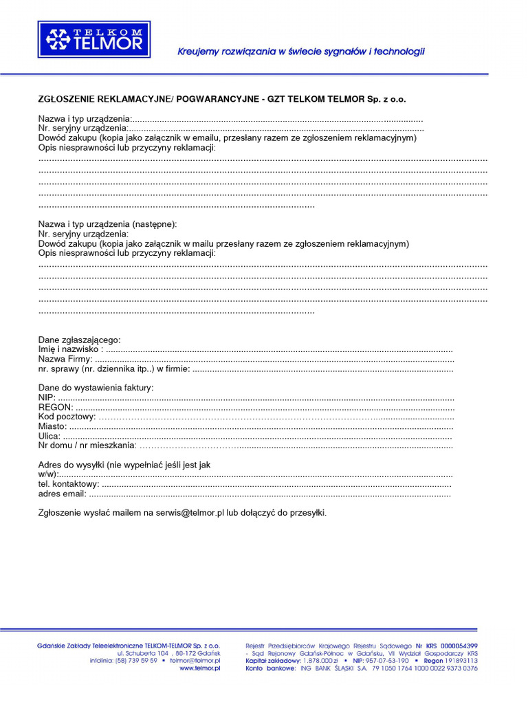 Zgloszenie Reklamacyjne - Pogwrancyjne | PDF