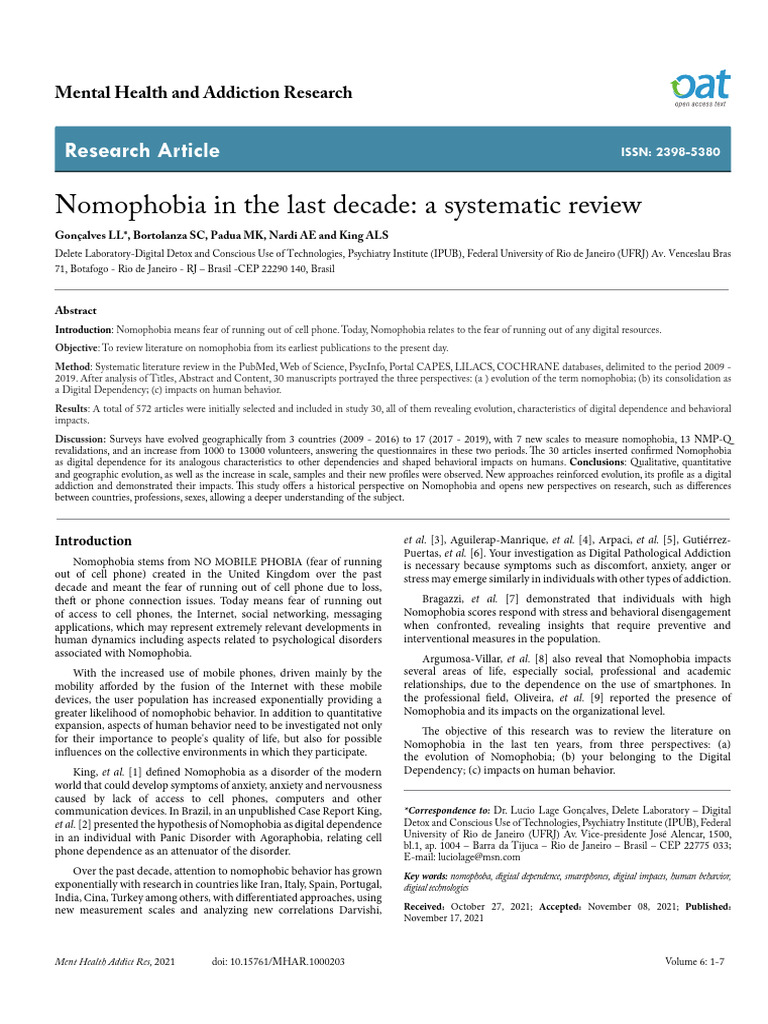 Nomophobia in The Last Decade - A Systematic Review | PDF ...