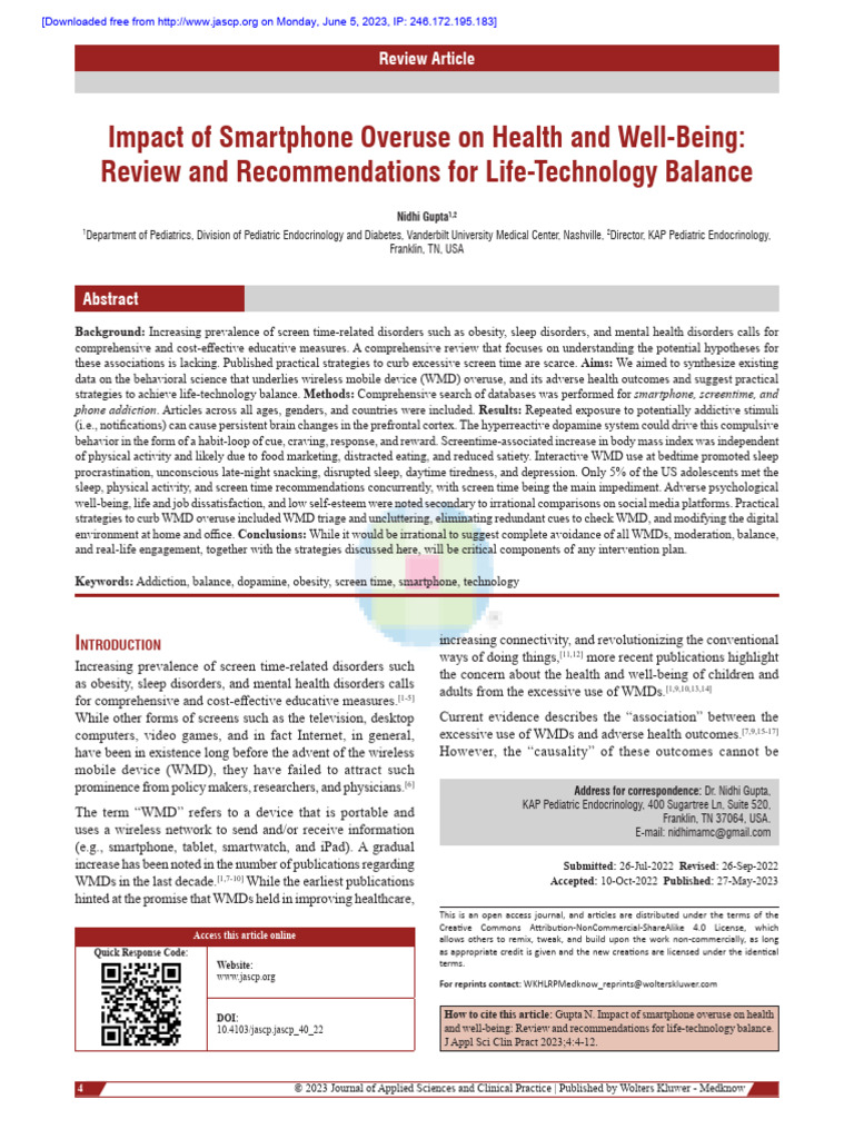 Impact of Smartphone Overuse On Health and Well Being - Review and ...