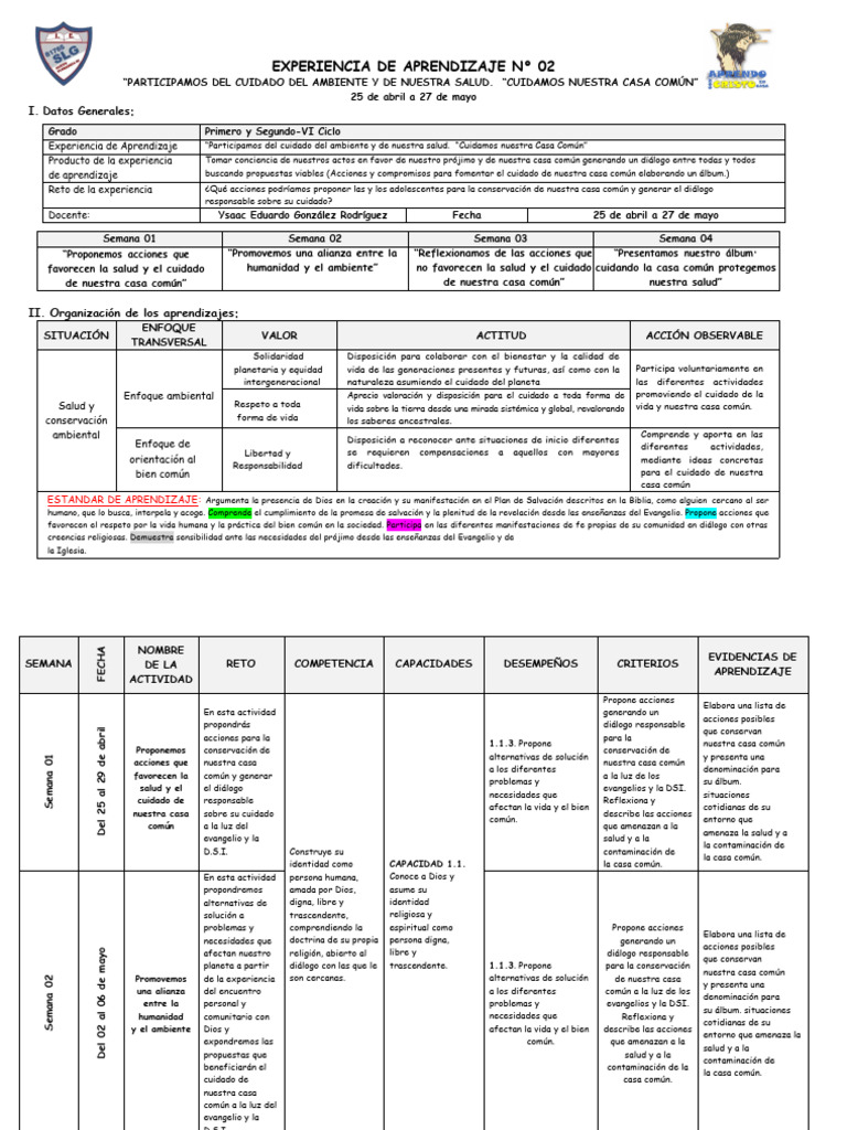 Experiencia de Aprendizaje N 02 Ciclo Vi | PDF | Salvación | Aprendizaje